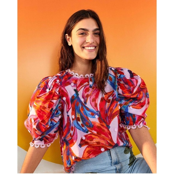 FARM Rio | Tops | Farm Rio Multicolor Bananas Puff Sleeve Cotton Blouse ...